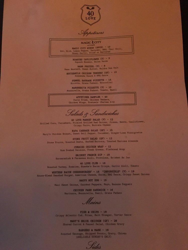 Menu at 40 Love pub & bar, Los Angeles