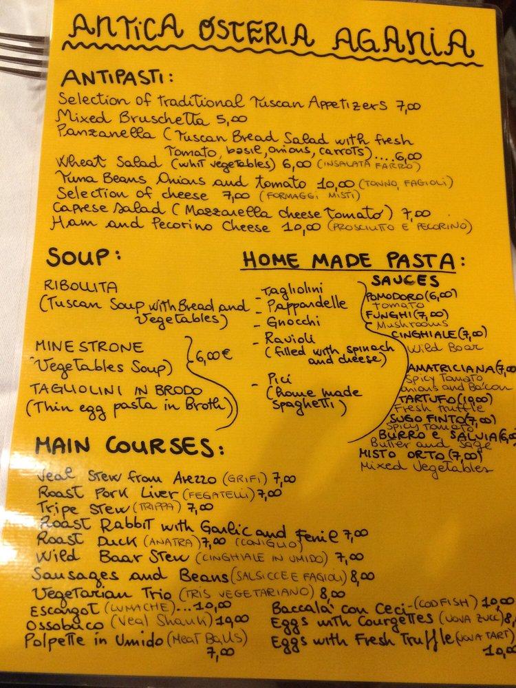 Menu at Antica Osteria l'Agania restaurant, Arezzo