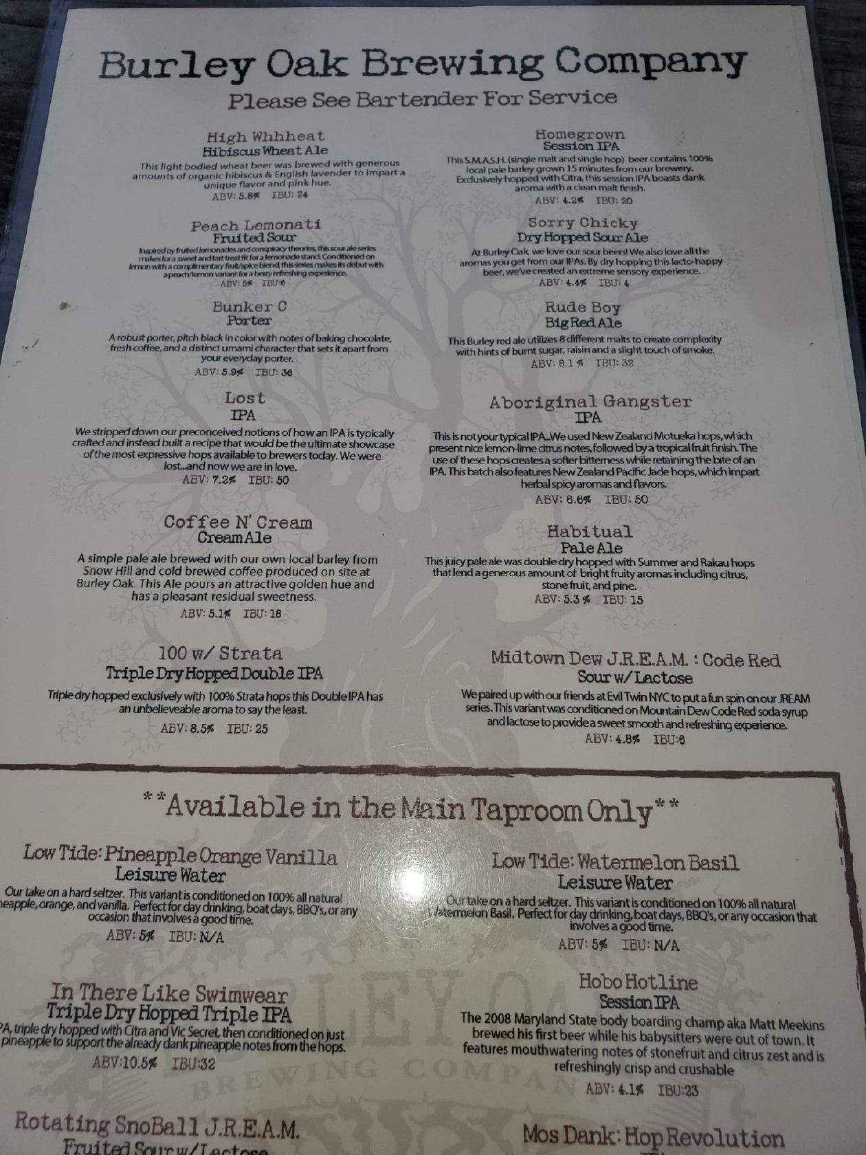 Menu at Burley Oak Brewing Company pub & bar, Berlin