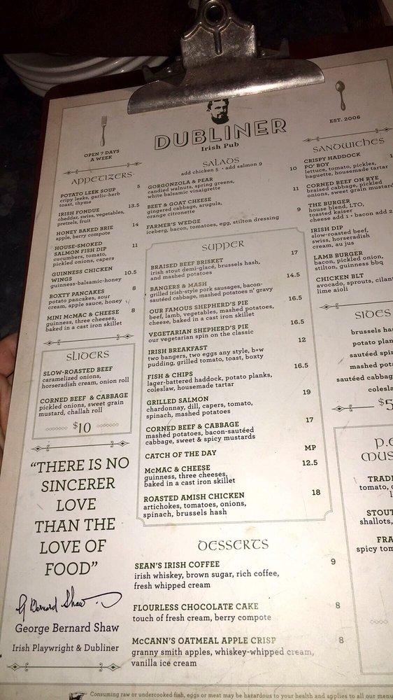 Menu at Dubliner pub & bar, Boca Raton