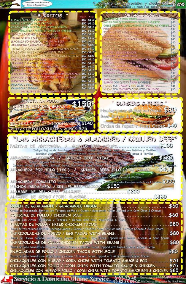 Menu at El Comalito Inn restaurant, Cancún, Plaza Quetzal
