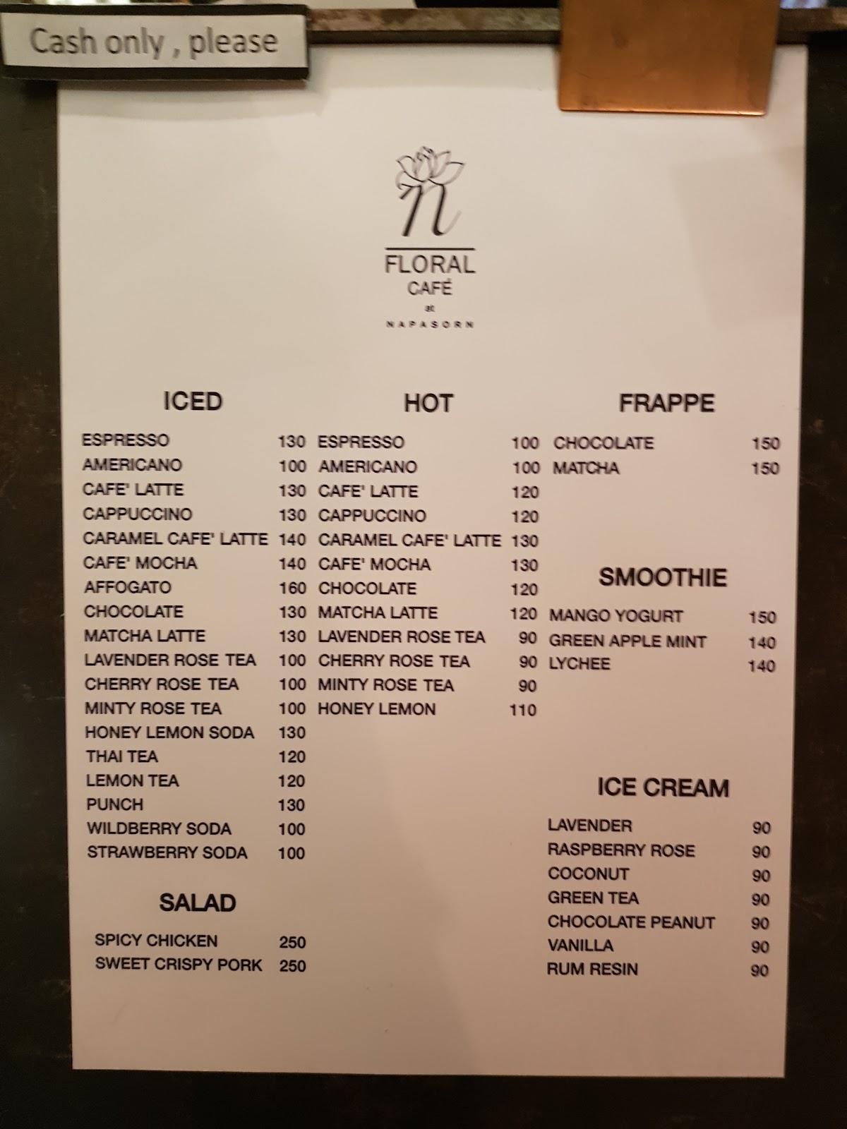 Menu at Floral Café at Napasorn cafe, Bangkok