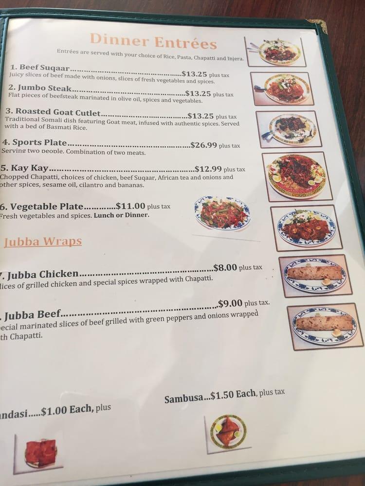 Menu at Jubba Somali Restaurant, San Jose
