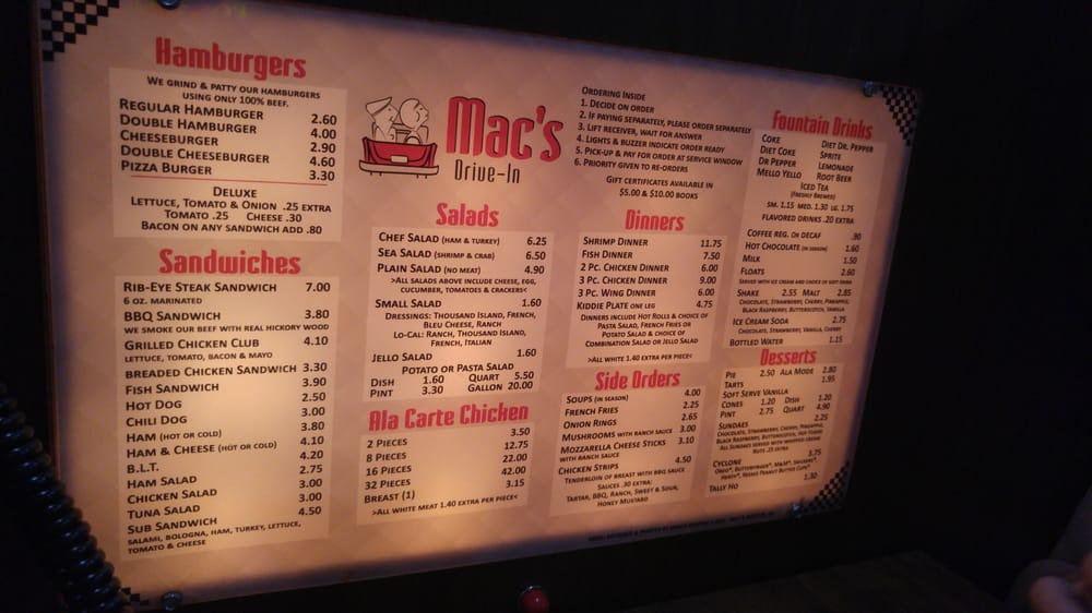 Menu at Mac's Drive-In restaurant, McCook