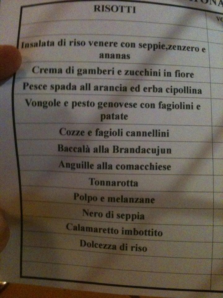 Menu at Oryza restaurant, Turin