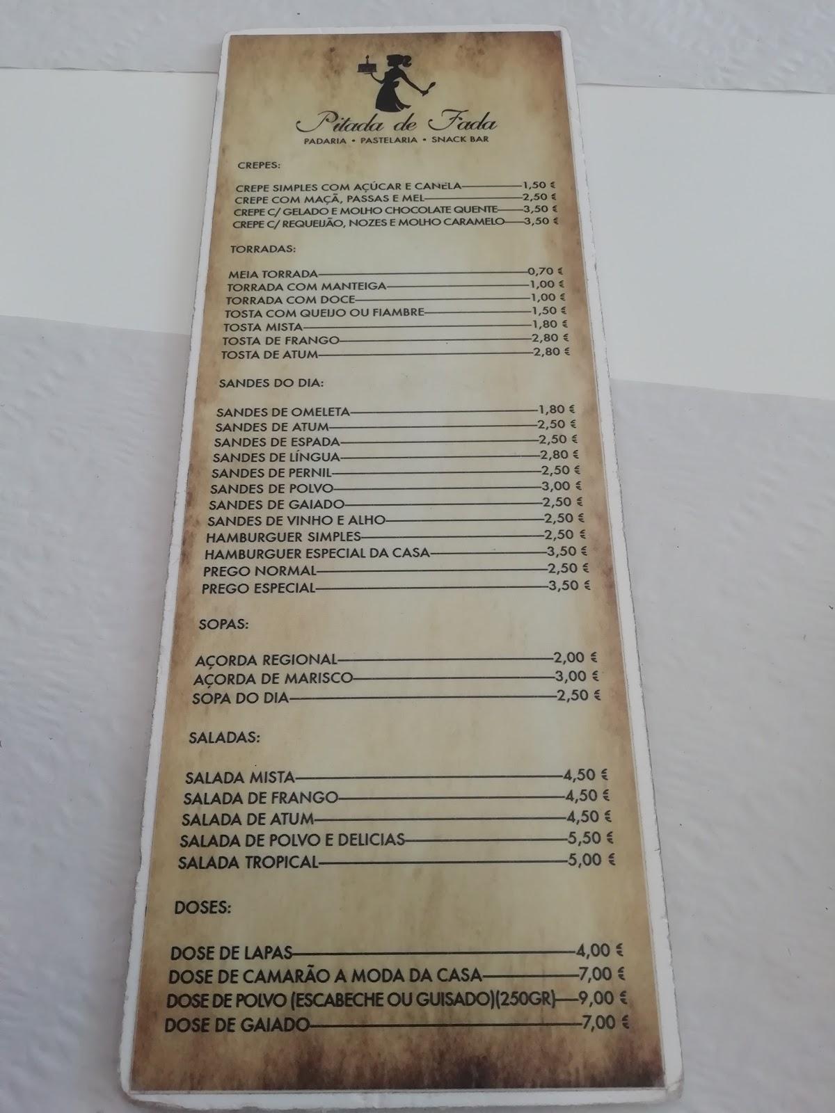 Carta del restaurante PASTELARIA PITADA DE FADA, Caniço