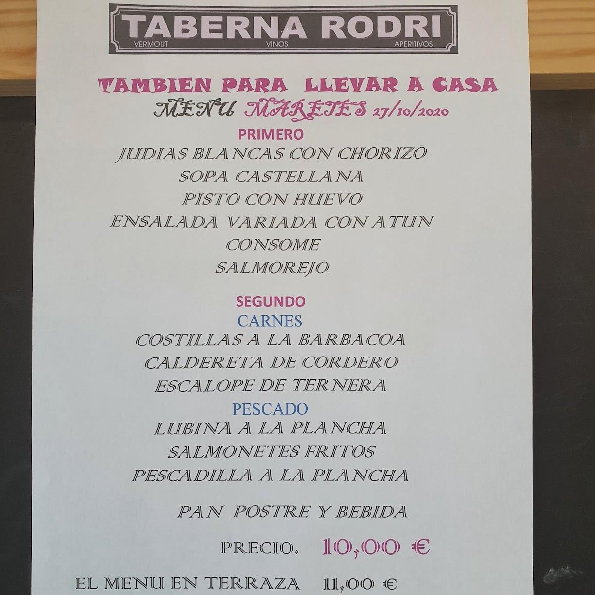 Carta del restaurante Taberna Rodri, Rivas-Vaciamadrid, Av. los Almendros