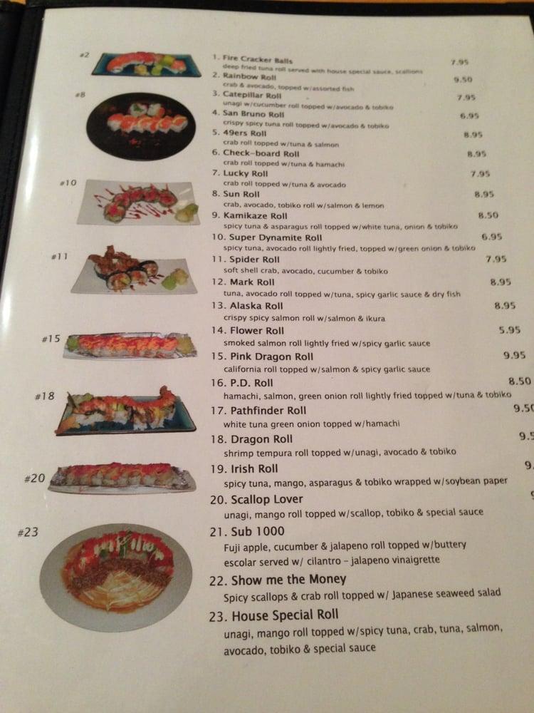 Menu at Sushi House restaurant, San Bruno