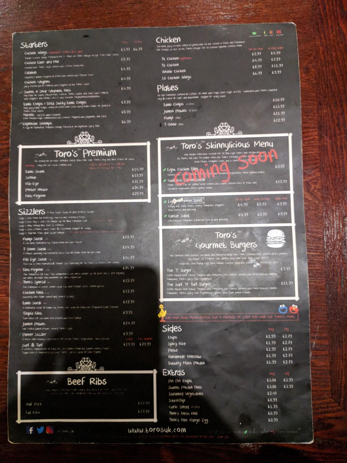 Menu at TORO's Steakhouse, Birmingham