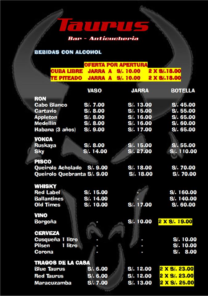Menu at Taurus Club Bar Cuzco, Cusco