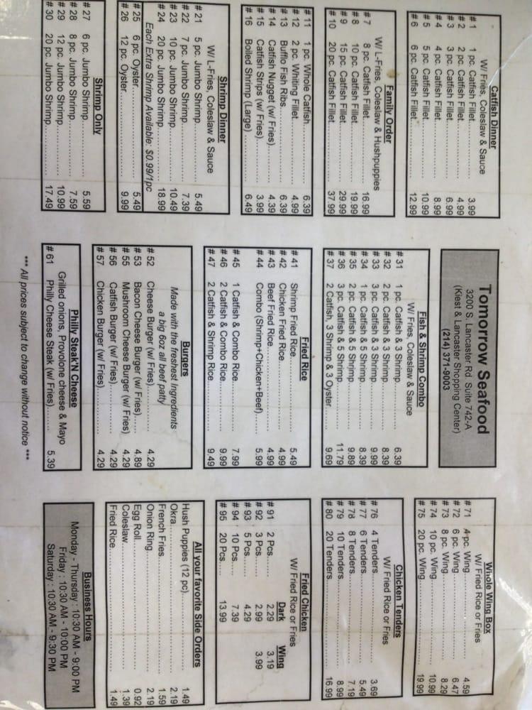 Menu at Tomorrow Seafood restaurant, Dallas