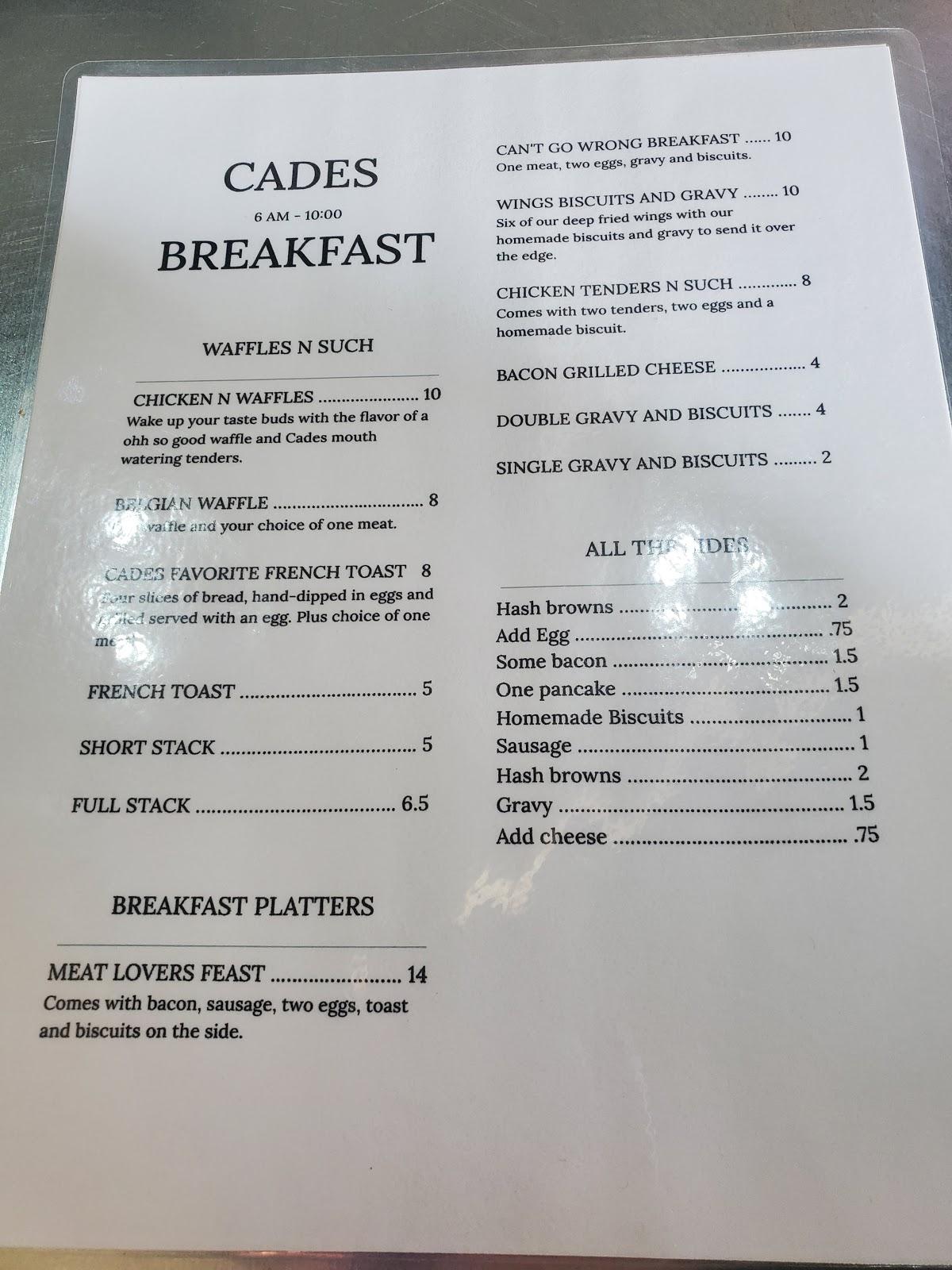 Menu at Cade's Grill restaurant, Counce