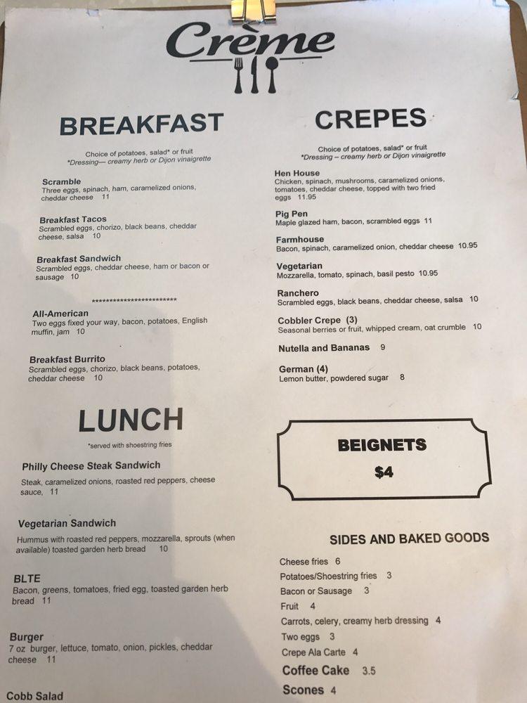 Menu at Creme restaurant, Reno