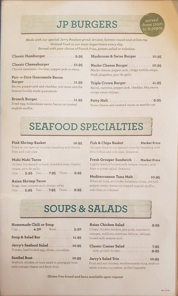 Menu at Jerry's Foods restaurant, Sanibel