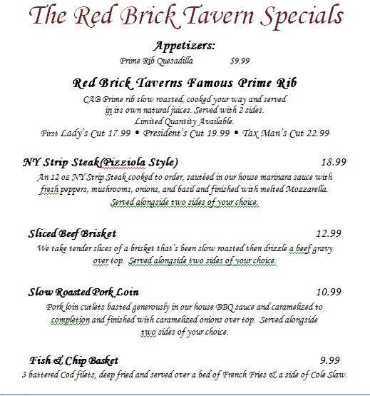 Menu at Red Brick Tavern pub & bar, London, Cumberland St