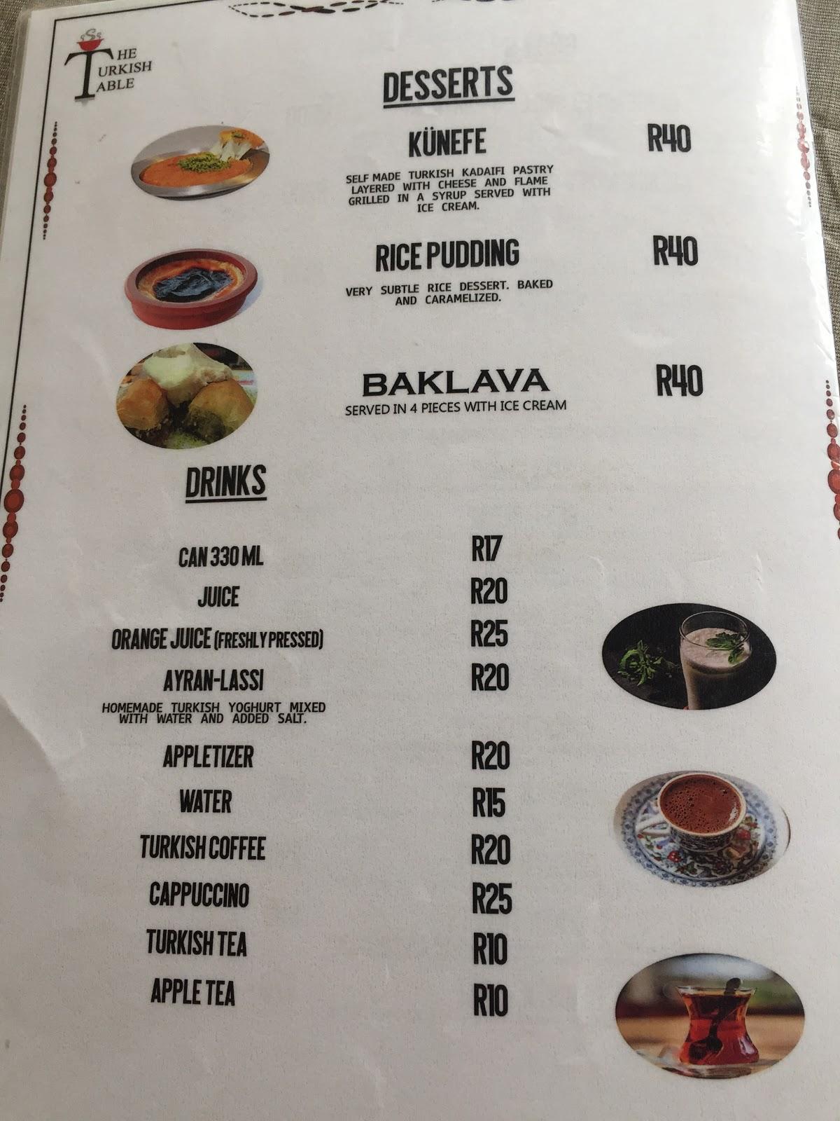 Menu at The Turkish Table restaurant, Pretoria