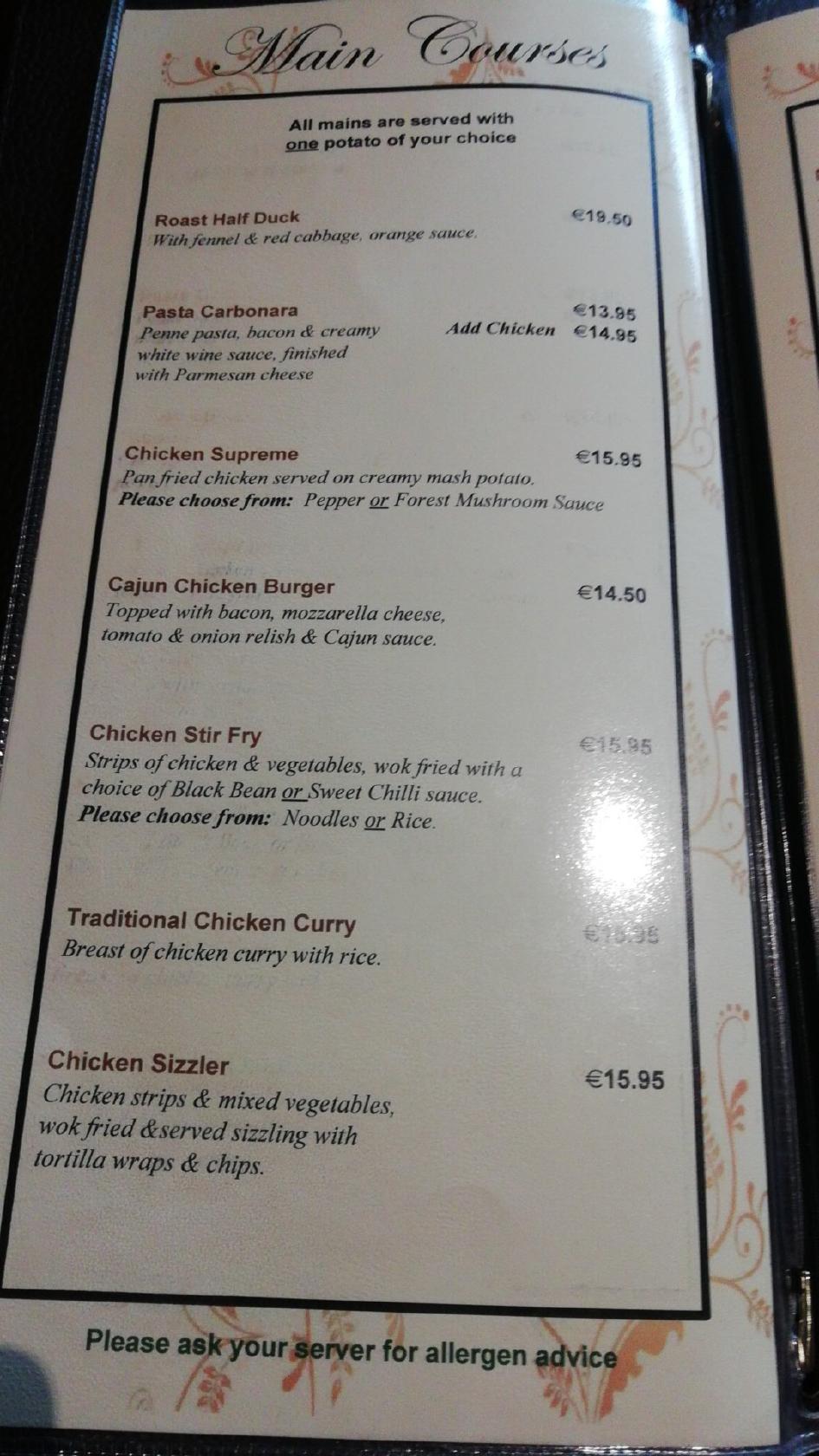 Menu at The Valley Inn pub & bar, Dunleer, Mullary Manor