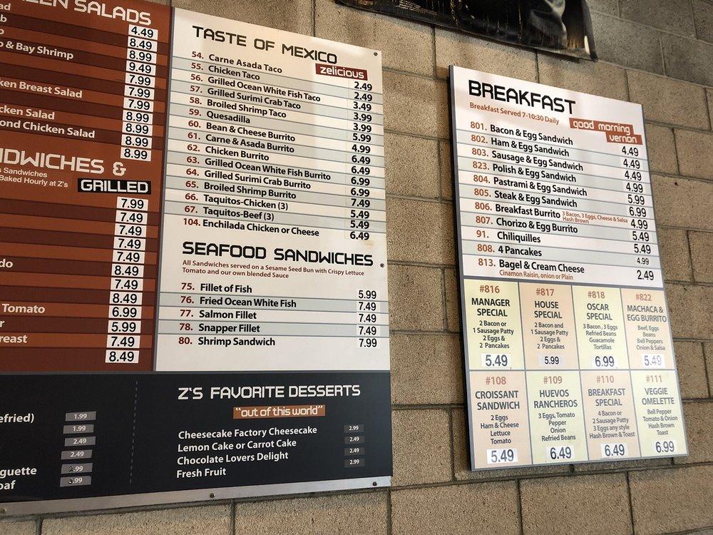 Menu at Z's Place restaurant, Vernon