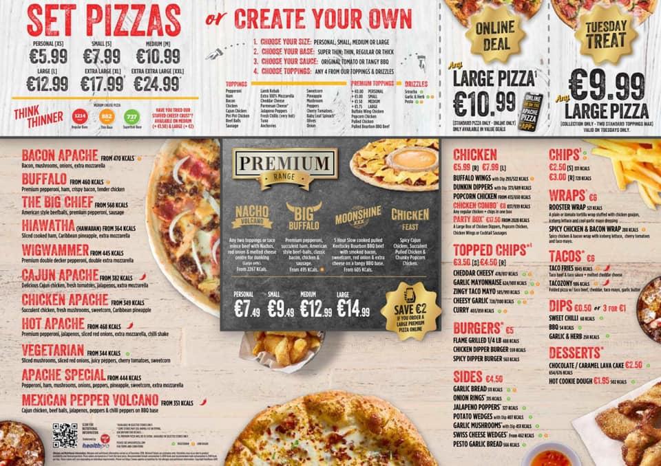 Menu at Apache Pizza restaurant, Gort