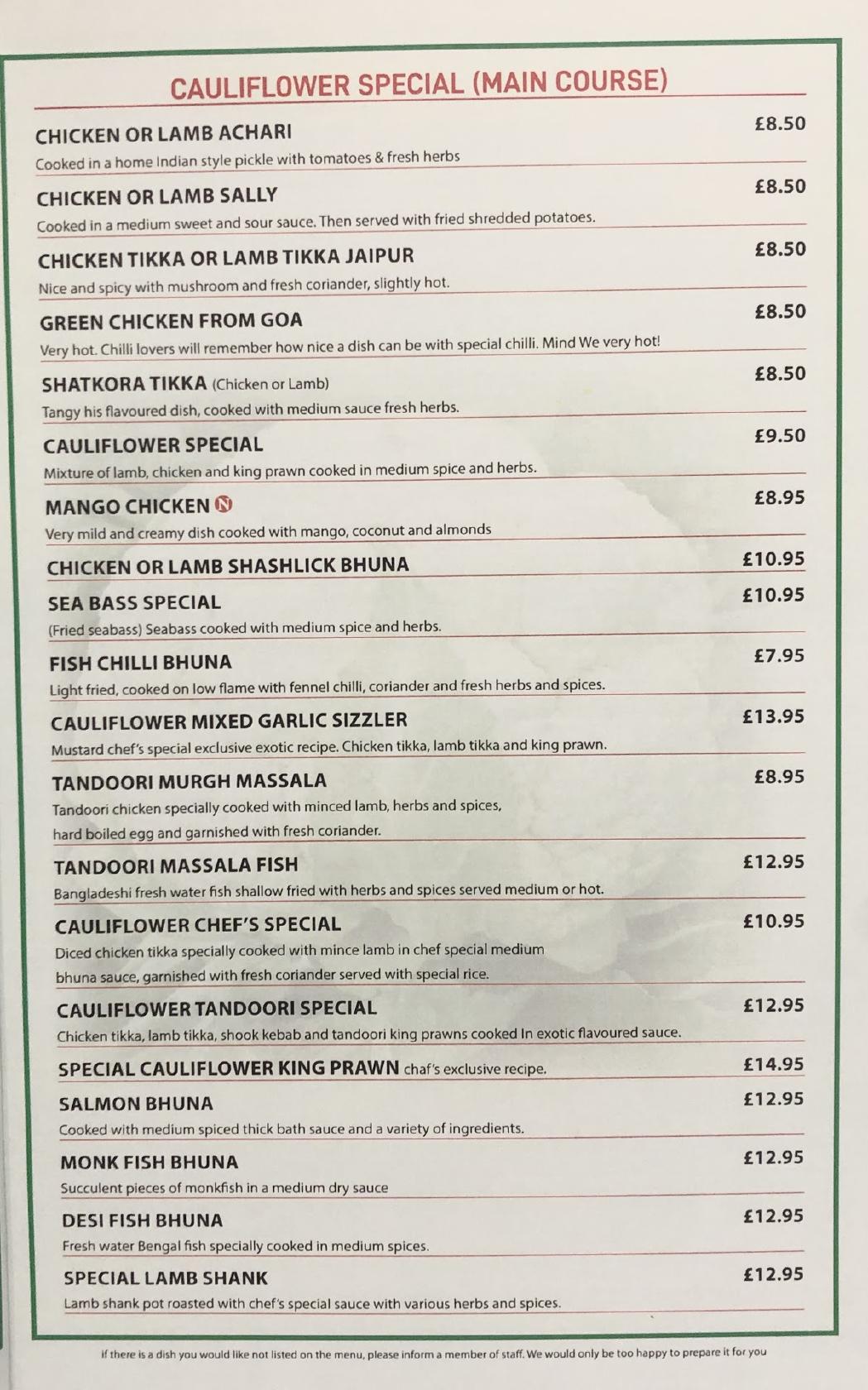 Menu at Cauliflower Exclusive Cuisine restaurant, Rainham
