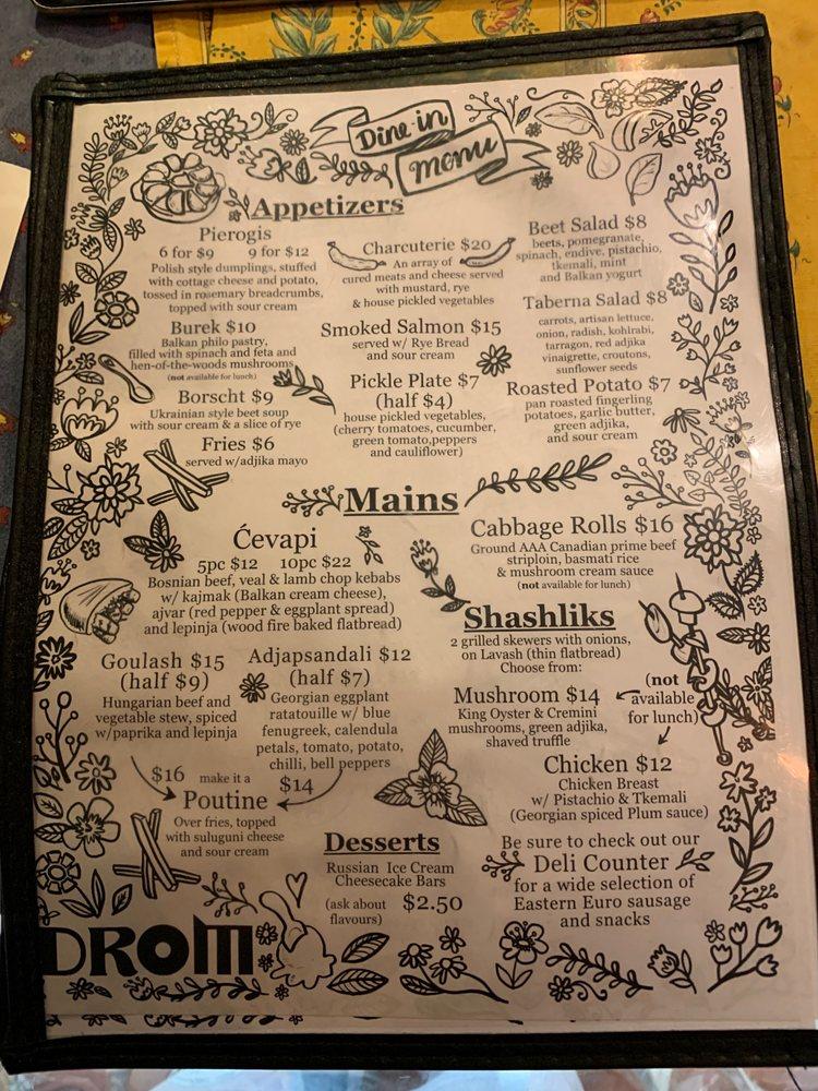 Carta del pub y bar DROM Taberna, Toronto