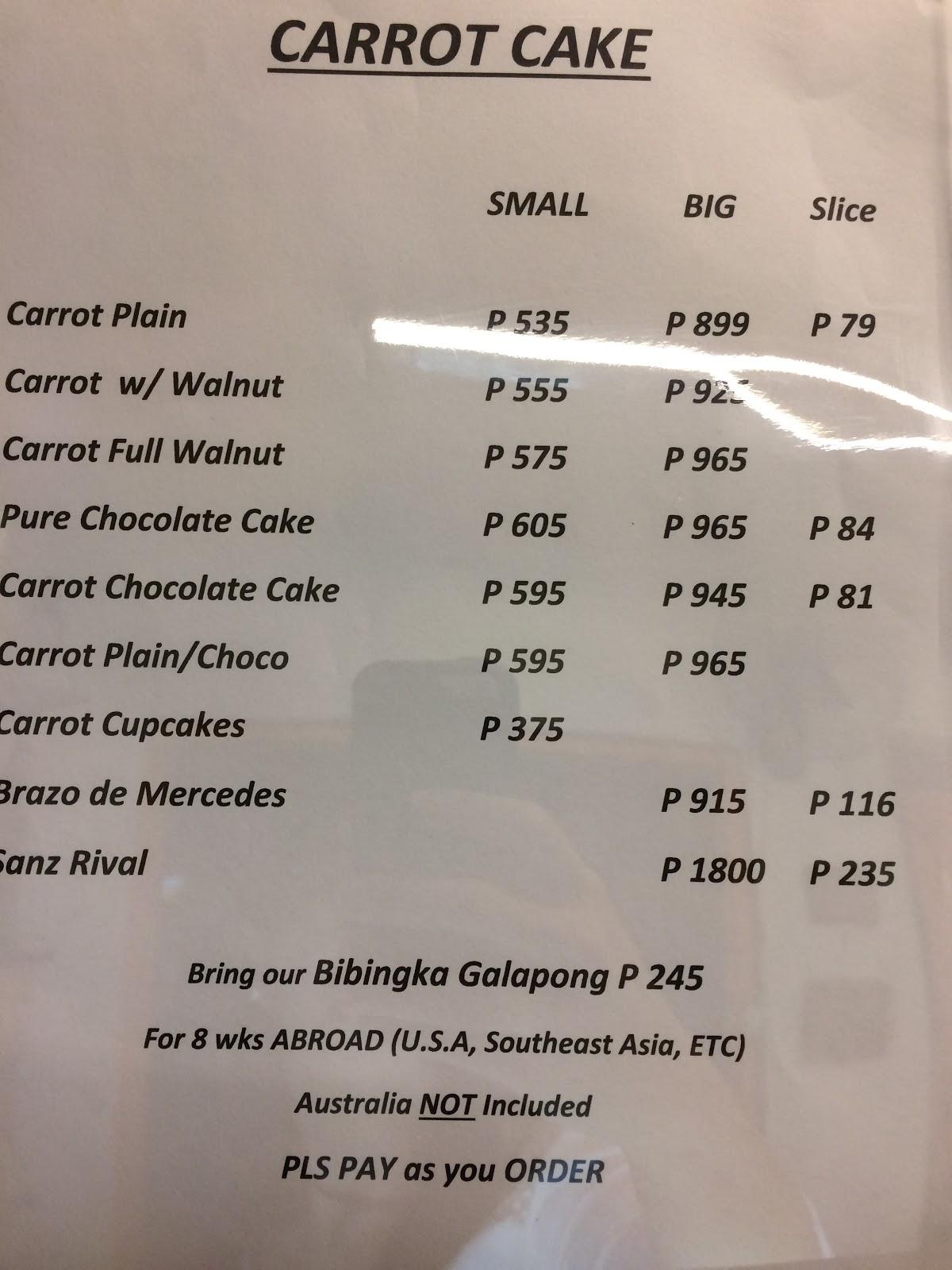 Menu at Homemade Carrot Cake desserts, San Juan