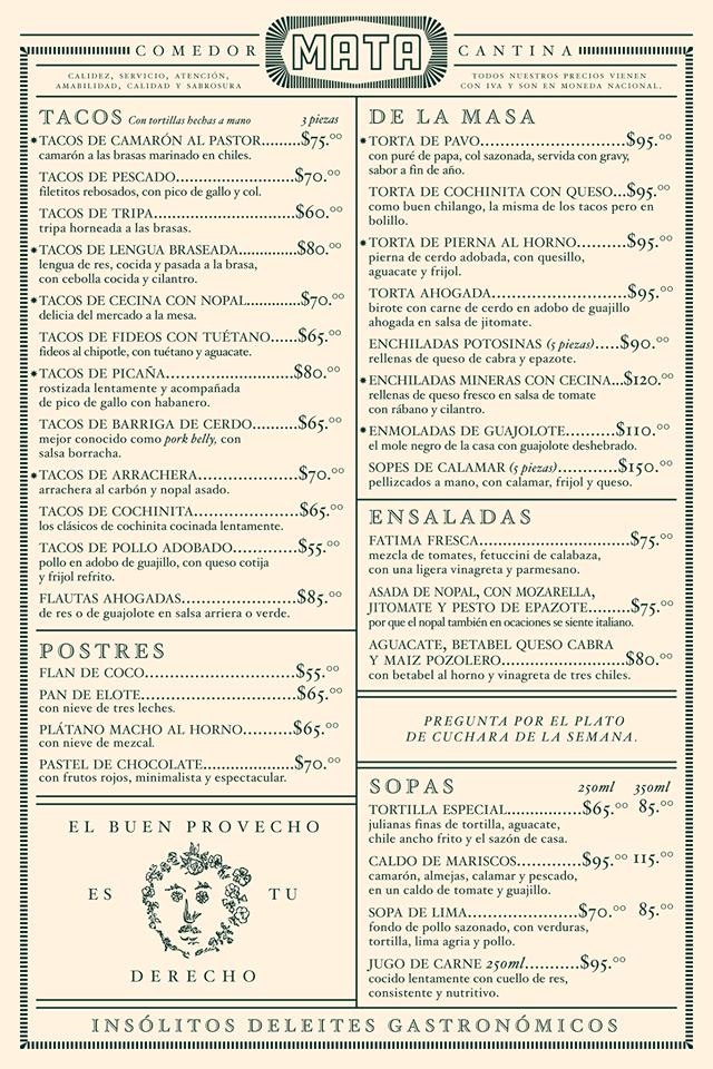 Menu at MATA Comedor Cantina restaurant, Mexico City