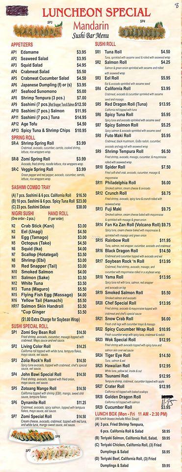 Menu at Mandarin Chinese & Sushi restaurant, Alexandria