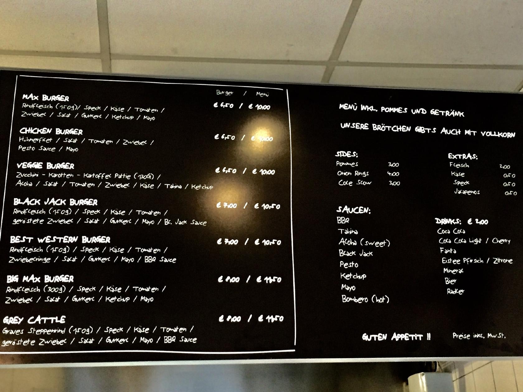 Menu at Max Burgers restaurant, Neusiedl am See