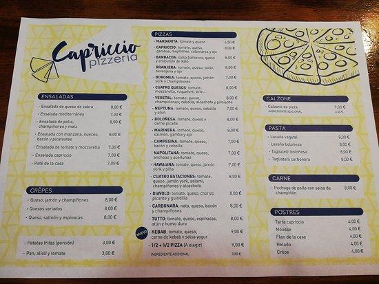 Menu at Pizzeria Capriccio, Jalón