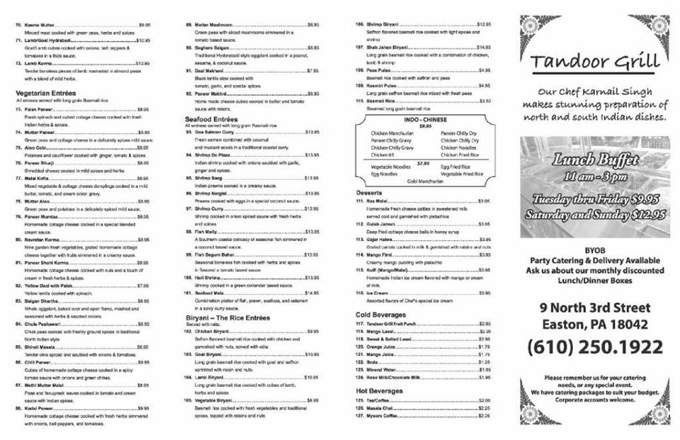 Menu at Tandoor Grill restaurant, Easton