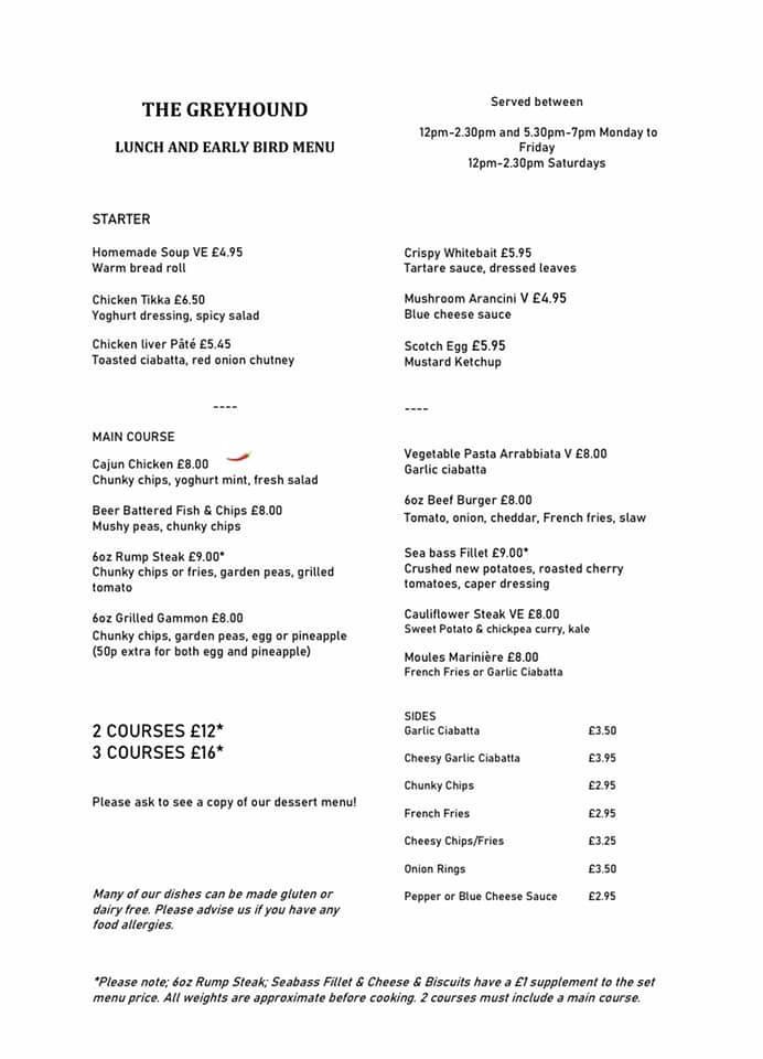 Menu at The Greyhound Inn pub & bar, Wolverhampton, The Greyhound