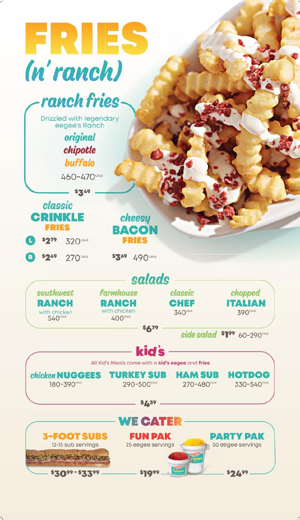 Menu at eegee's fast food, Tucson, S Craycroft Rd