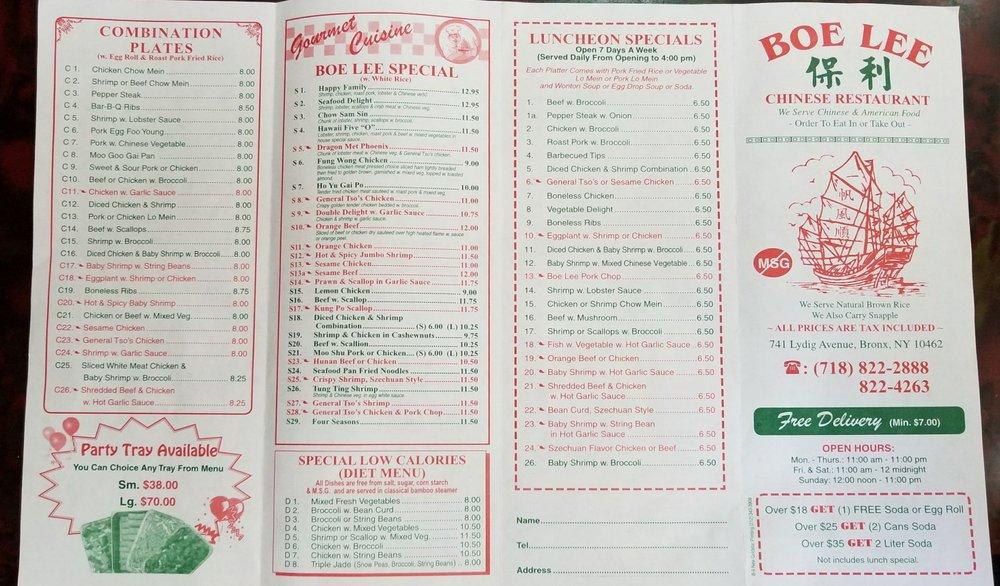 Menu at Boe Lee restaurant, Yonkers