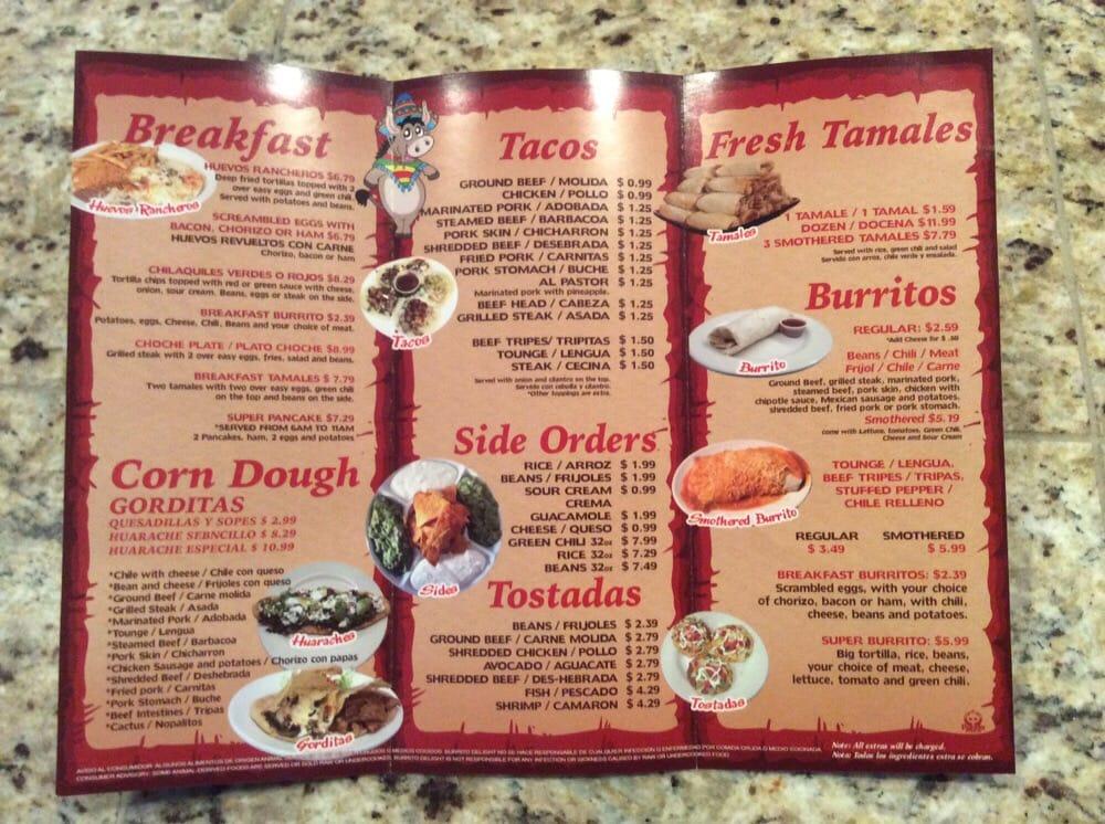 Menu at Burrito Delight restaurant, Dacono
