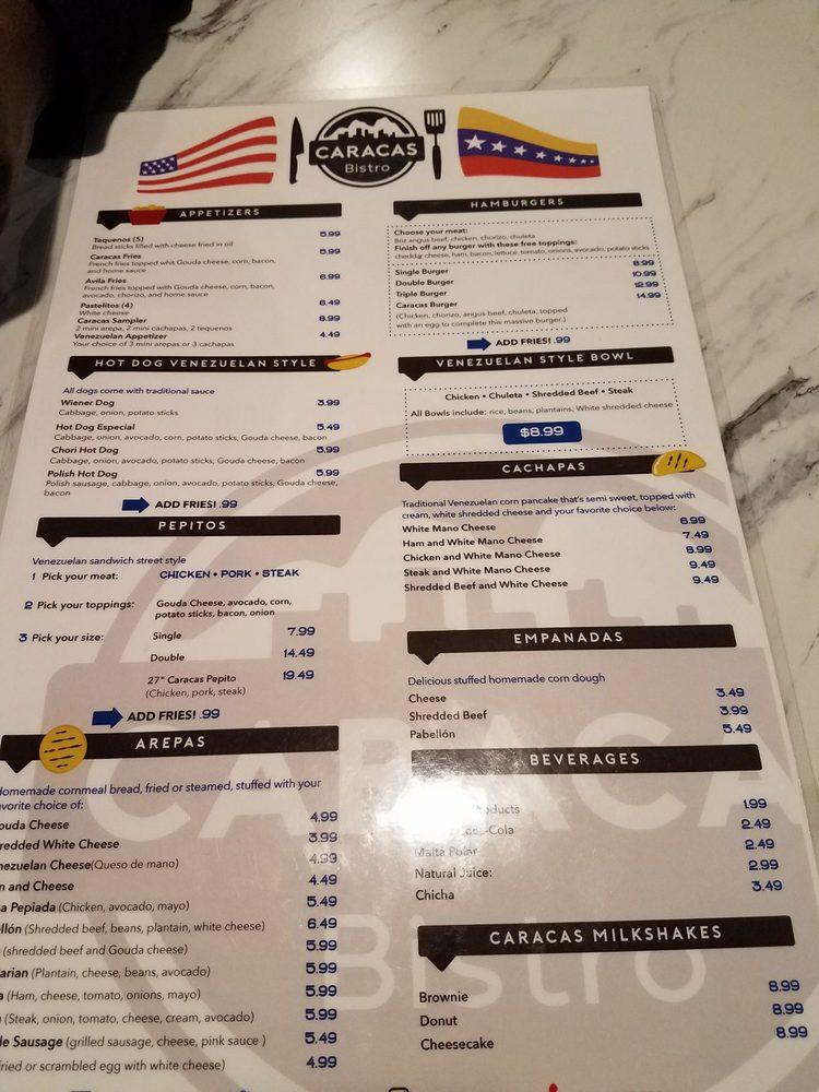 Menu at Caracas Bistro restaurant, Mishawaka