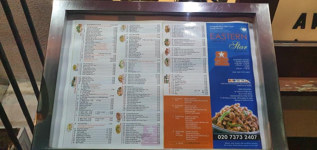 Menu at Eastern Star fast food, London, 14 Hogarth Pl