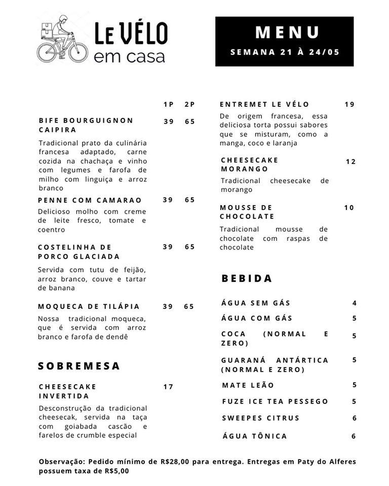 Menu at Le Vélo Montagne restaurant, Miguel Pereira, Av. Mal. Rondon