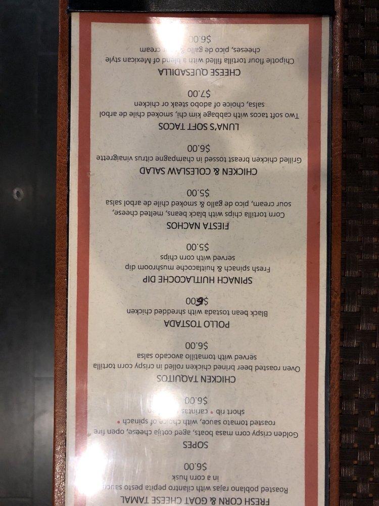 Menu at Luna Modern Mexican Kitchen restaurant, Rancho Cucamonga