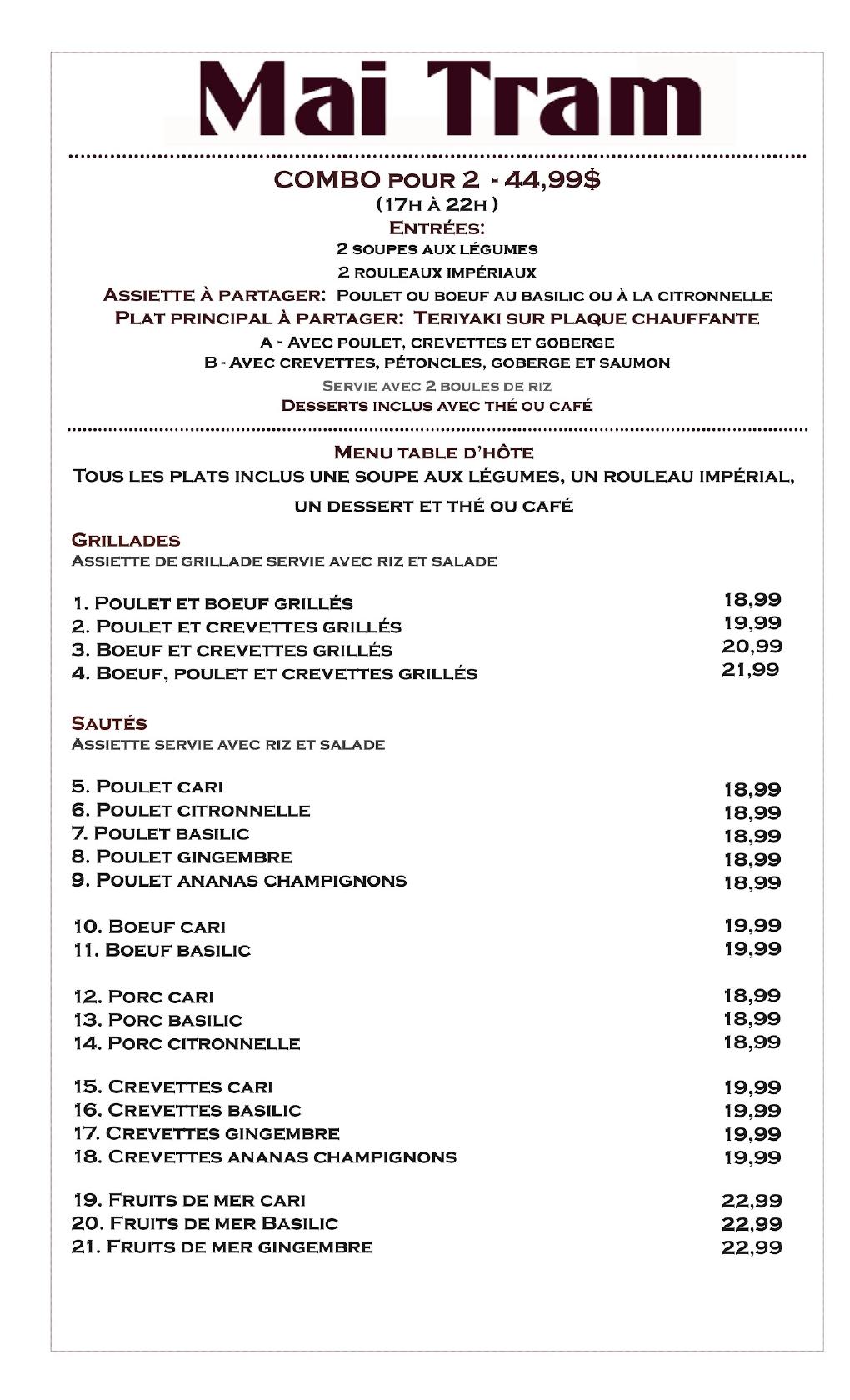 Menu au Mai Tram restaurant, Québec