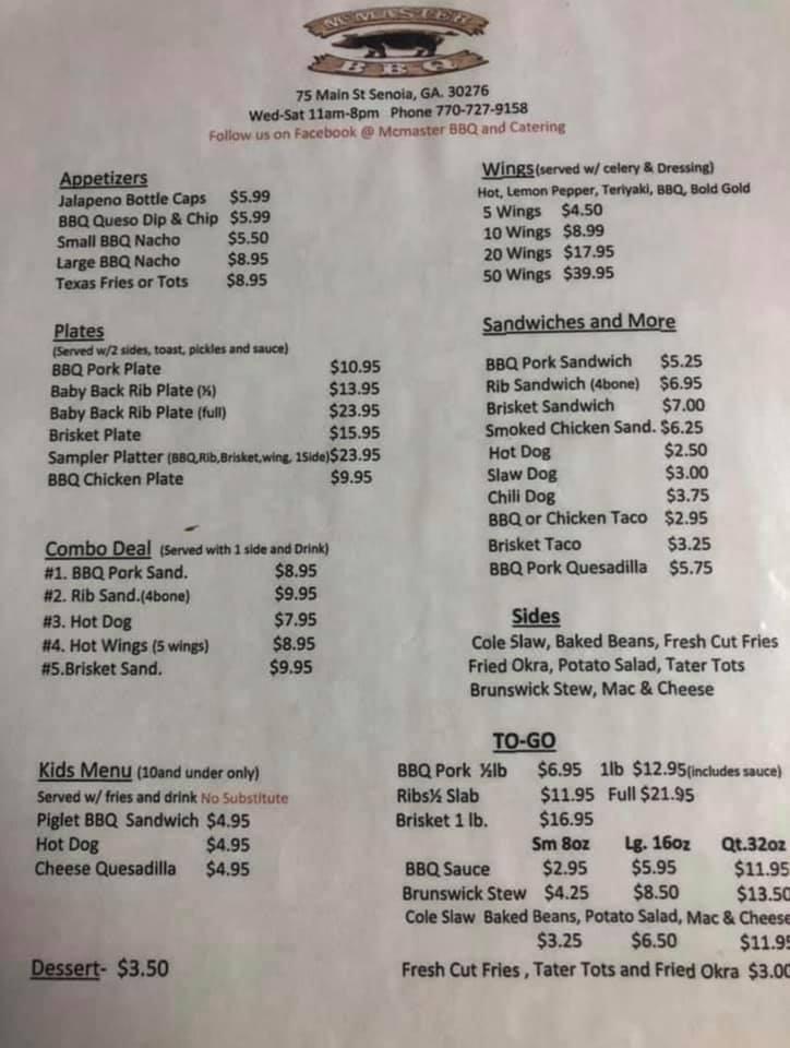 Menu at McMaster BBQ & Catering, Senoia, 75 Main St