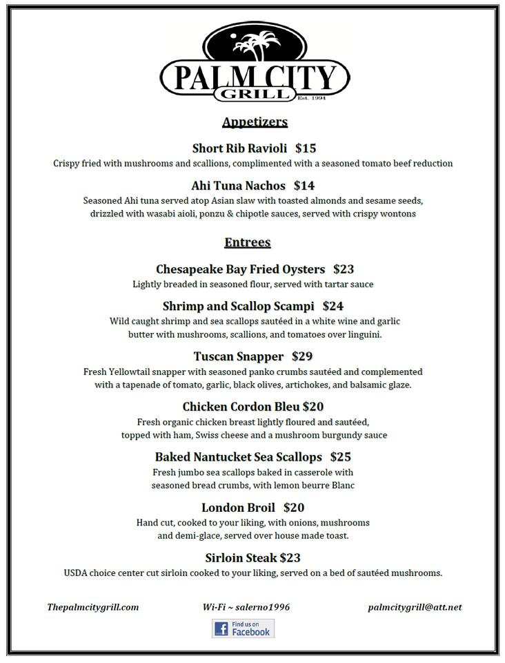 Menu at Palm City Grill pub & bar, Palm City