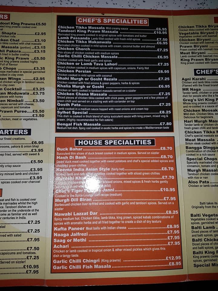 Menu at Spice Lounge restaurant, Swinton
