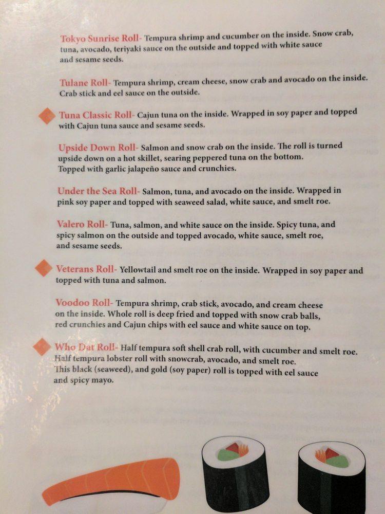 Menu at Taste of Tokyo restaurant, Destrehan
