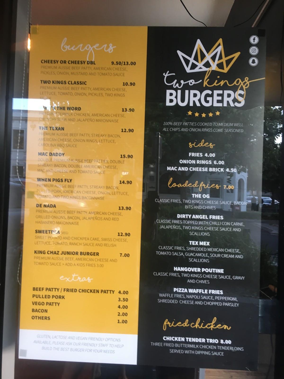 Menu at Two Kings Burgers restaurant, Warrnambool