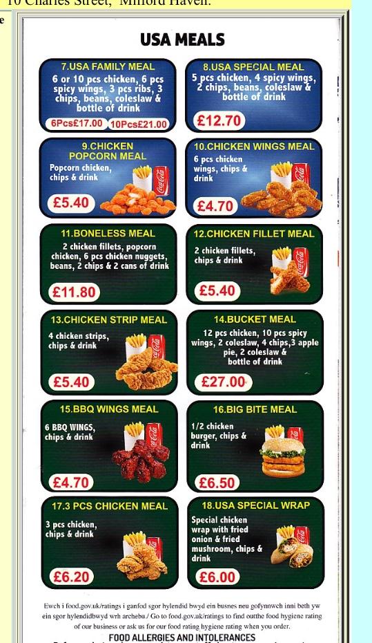 Menu at U.S.A. Fried Chicken fast food, Milford Haven
