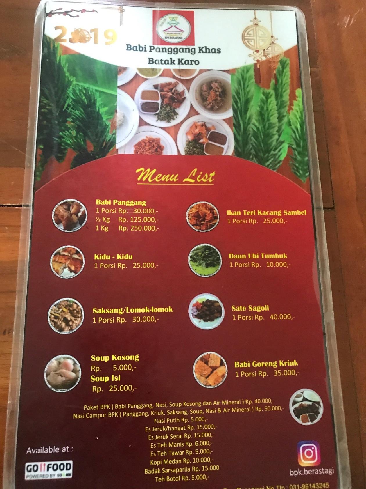 Menu at Bpk Berastagi restaurant, Surabaya