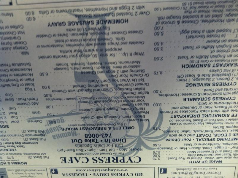 Menu at Cypress Cafe, Tequesta
