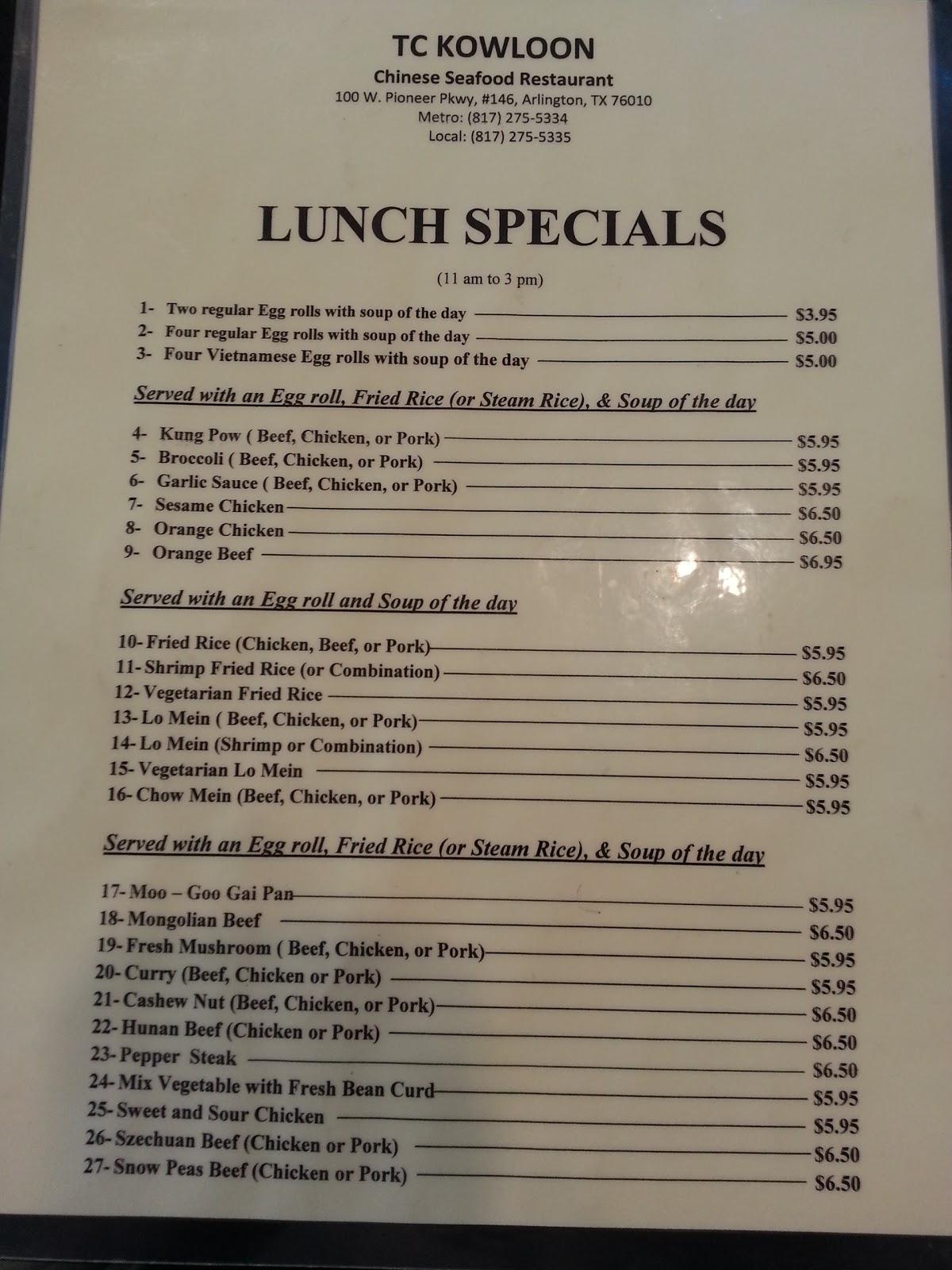 Menu at Kowloon Chinese Seafood Restaurant, Arlington