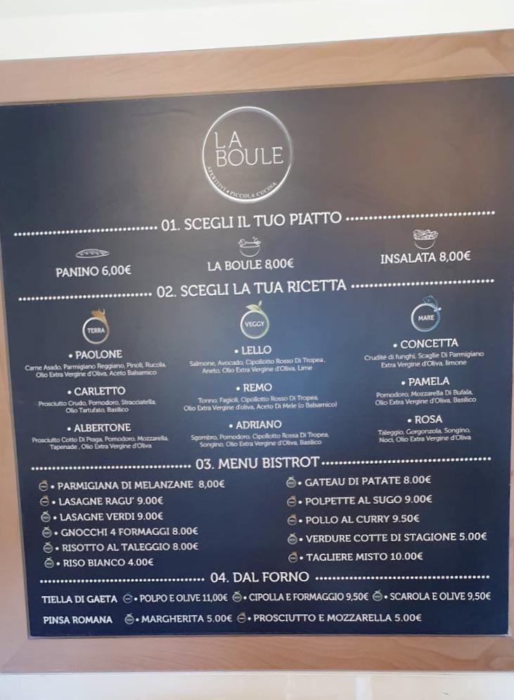 Menu at LA BOULE cafe, Rome